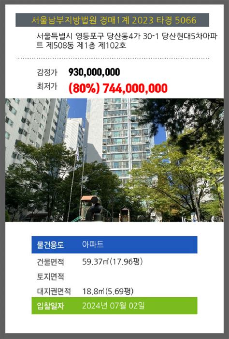 영등포 아파트 경매 영등포구 당산동 4가 30 1 당산 현대 5차 아파트 제508동 제1층 제102호 2023 타경 5066