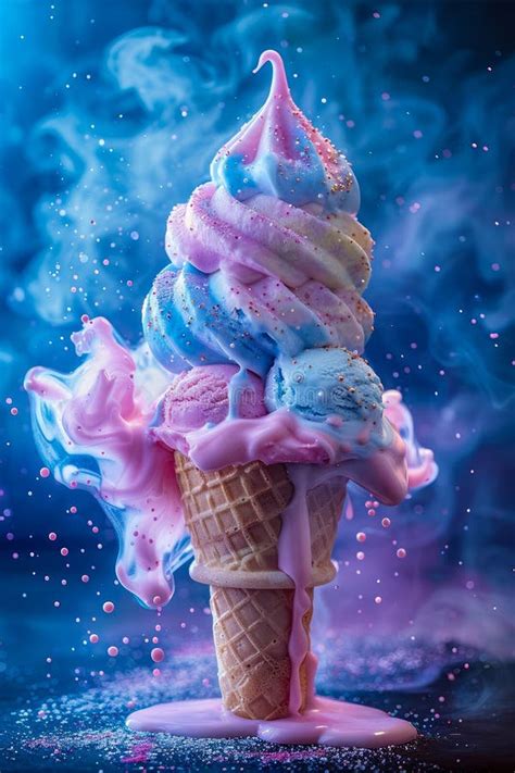 Colorful Melting Ice Cream Cone On Blue Swirly Smoke Background With