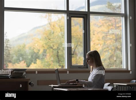 Teenage Girl Using Laptop In Classroom Stock Photo Alamy