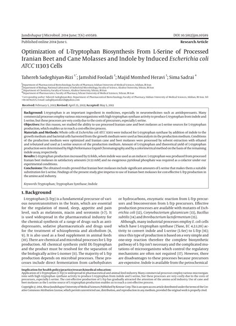 Pdf Optimization Of L Tryptophan Biosynthesis From L Serine Of Processed Iranian Beet And Cane