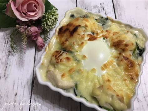 鶏むね肉と半熟卵のチーズグラタン 週末シェフの家呑みレシピ