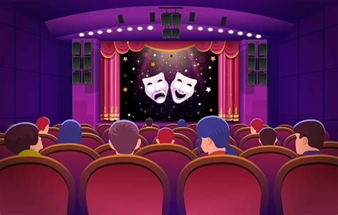 빨간 열린 커튼과 사람과 코미디와 비극 극장 마스크와 빨간색 좌석극장 무대 벡터 템플릿 그림 Theatrical Performance에 대한 스톡 벡터 아트 및 기타 이미지