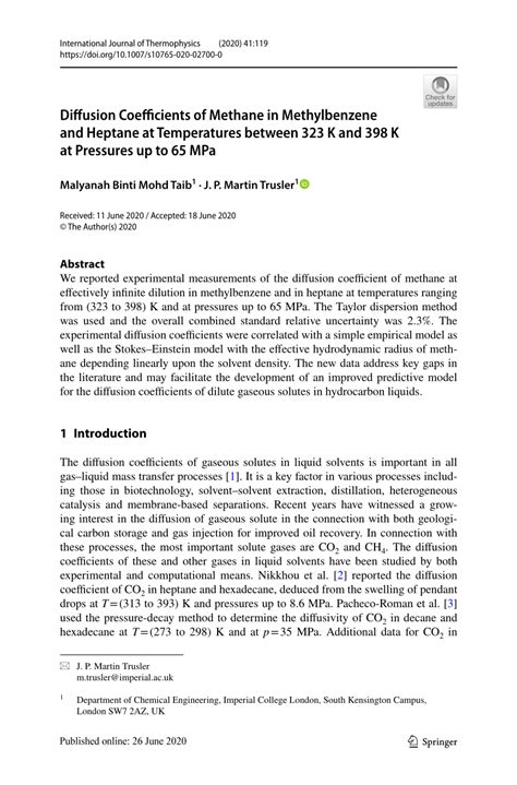 Pdf Diffusion Coefficients Of Methane In Methylbenzene And Heptane At Temperatures Between 323