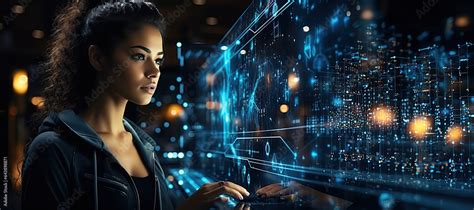 Laptop Code Hologram And Woman Thinking Of Data Analytics Information Technologygenerated