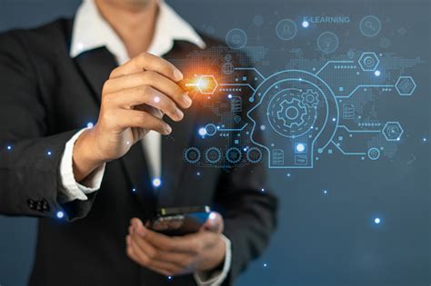 노트북에서 인공 지능을 사용하여 관리 개념을 문서화하는 사업가 인공 지능 기술 사업가 쇼 가상 그래픽 글로벌 인터넷 연결 Ai와 채팅 미래 기술 개념에 대한 스톡 사진 및