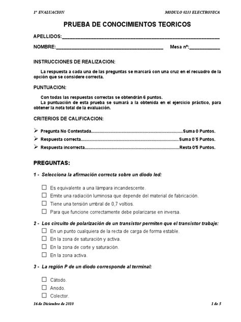 Examen 1 Evaluacion Electronica Teoria Pdf Transistor Rectificador