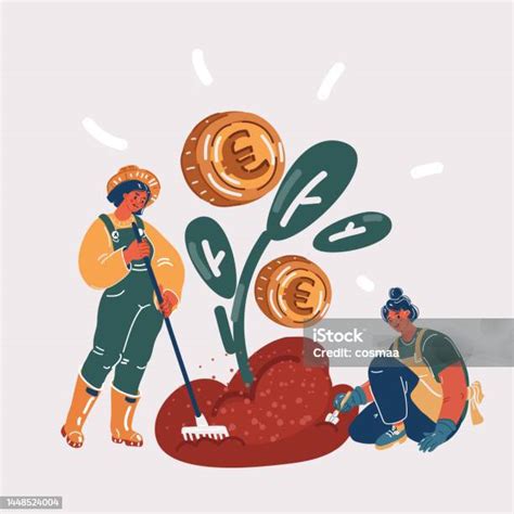 여자 성장 공장의 벡터 일러스트 레이 션은 유로의 동전으로 성장 합니다 여성 사업가 및 공장 개념에 대한 스톡 벡터 아트 및