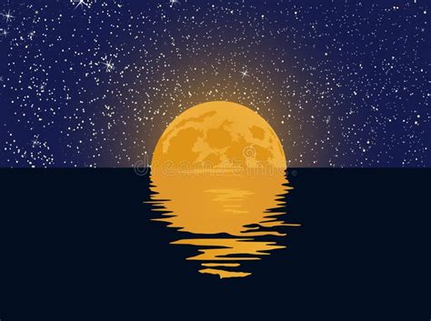 Starry Sky And Full Moon With Reflection In The Water Stock Vector