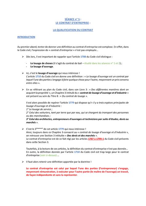 Le Contrat D Entreprise Fiche Détaillée SÉance N° 5 Le Contrat D