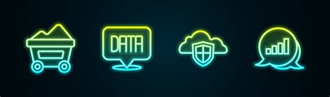 세트 라인 석탄 광산 트롤리 데이터 분석 구름 및 방패 및 파이 차트 인포 그래픽 빛나는 네온 아이콘입니다 벡터 개념에 대한