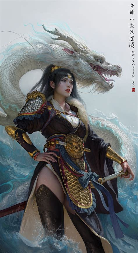 Fantasy Girl Women Water Dress Drawing Loong Chinese Dragon Dark Hair Low Angle Sword