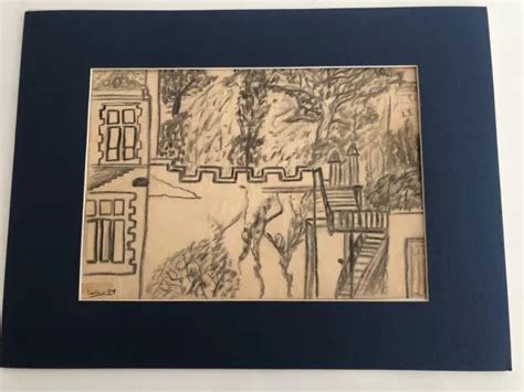 Antique Fine Art Charcoal Pencil Drawing Mounted Tudor Grange House