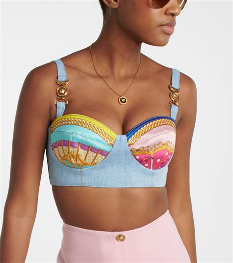 Versace I Ventagli Printed Denim Crop Top Versace