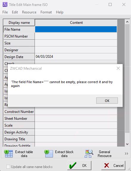 why does zwcad mfg prompt cannot be empty when fill in the title bar