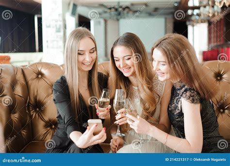 Beautiful Hot Girls Having Party Fun Drinking Champagne Stock Image