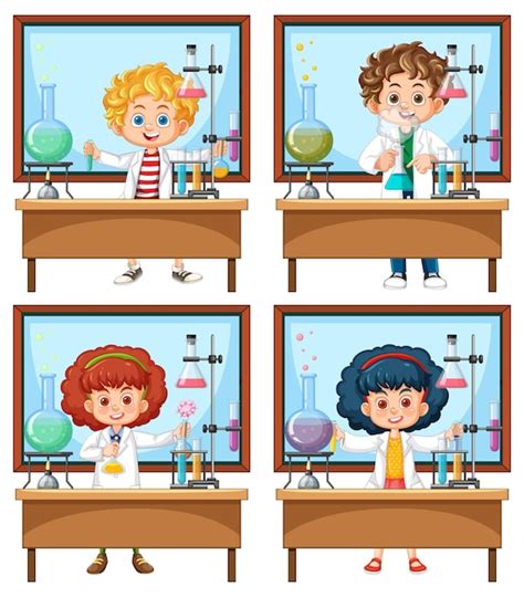 Дети в научной лаборатории Премиум векторы