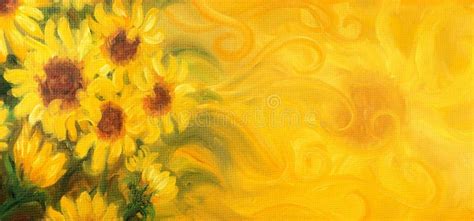与太阳和装饰品的晴朗的向日葵 在画布的油画 库存例证 插画 包括有 花卉 自然 照亮 开花的 花瓣 56486987