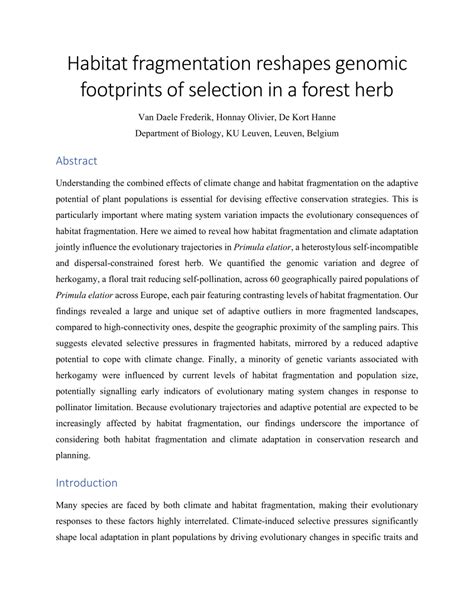 PDF Habitat Fragmentation Reshapes Genomic Footprints Of Selection In A Forest Herb