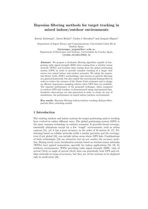 Pdf Bayesian Filtering Methods For Target Tracking In Mixed Indooroutdoor Environments