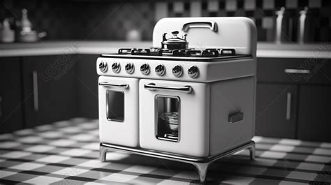 복고풍 주방의 빈티지 흑백 스토브 아이소메트릭 3d 렌더링 아이 배경 3d 아이 배경 고풍 배경 이미지 Hd 아이 3d 아이 고풍 배경 사진 무료 다운로드