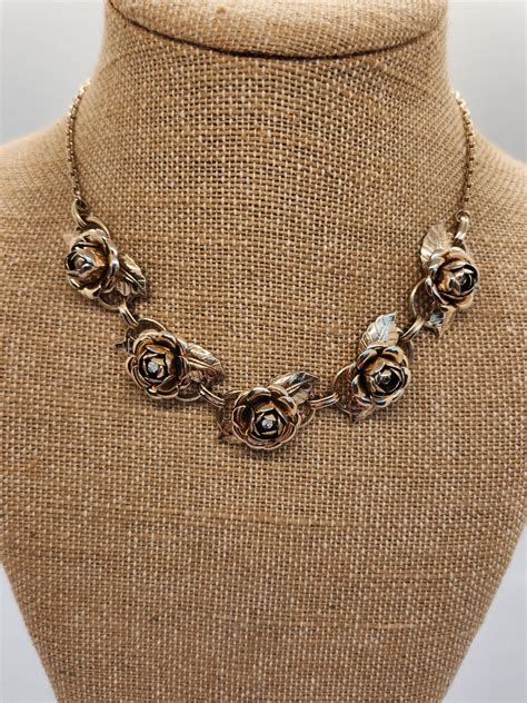 Vintage Rose Necklace Gold Tone With Rhinestone Centers Etsy