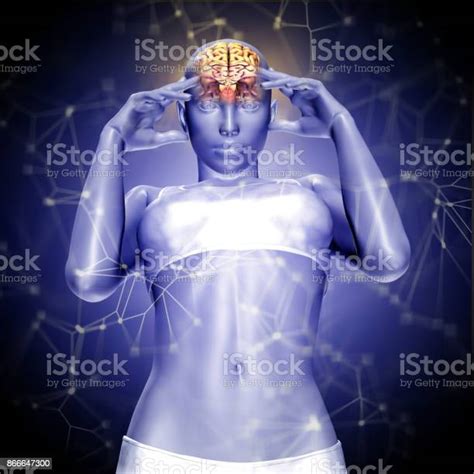 3d 점 들과 라인 연결 두뇌와 여성 그림의 렌더링 0명에 대한 스톡 사진 및 기타 이미지 0명 3차원 형태 건강관리와