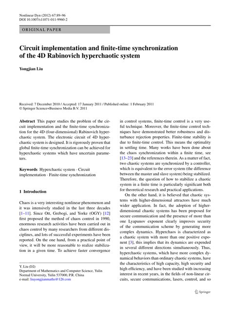 Pdf Circuit Implementation And Finite Time Synchronization Of The 4d Rabinovich Hyperchaotic