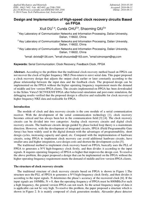 Design And Implementation Of High Speed Clock Recovery Circuits Based On Fpga Scientific Net