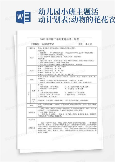 幼儿园小班主题活动计划表动物的花花衣 Word模板下载编号qoxvzkyn熊猫办公