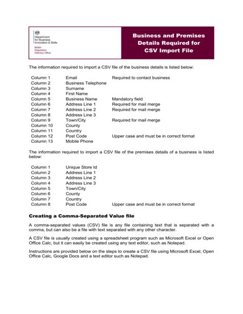 Business And Premises Details Required For CSV Import File