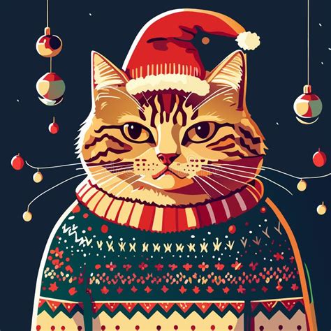 Cute Cat In A Christmas Sweater And Santa Hat Vector Illustration
