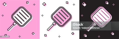 분홍색과 흰색 검은 색 배경에 격리 프라이팬 아이콘을 설정합니다 튀김 또는 구운 음식 기호 벡터 일러스트레이션 0명에 대한 스톡