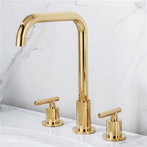 Goldenwarmuk Deck Mounted Brass Gold Bath Basin Taps Waterfall 3 Hole