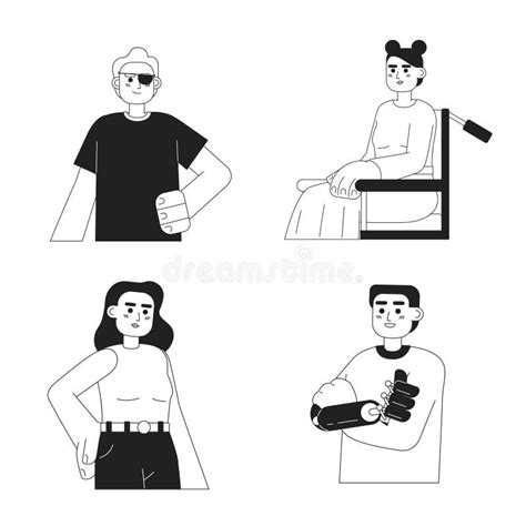 People With Disability Monochromatic Flat Vector Characters Pack Stock
