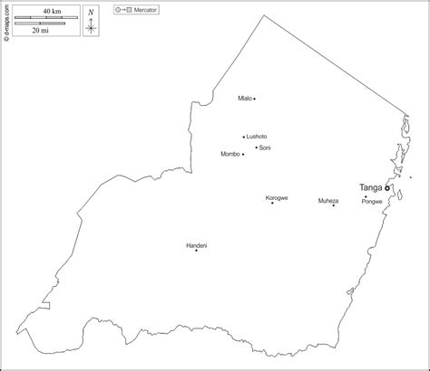 坦噶区 免费地图 免费的空白地图 免费的轮廓地图 免费基地地图 大纲 主要城市 名称 白