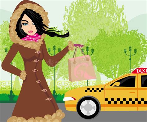 Pretty Girl Waiting For Taxi Stock Vector Illustration Of Shopping