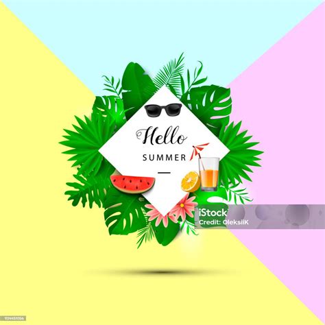 안녕하세요 여름 열 대 잎입니다 벡터 일러스트입니다 3d 하와이 여름 배너 나뭇잎 선글라스 황색 분홍색 및 파랑에 수 박 조각과 오렌지 주스 식물학에 대한 스톡 벡터 아트