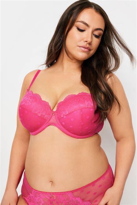 Yours Plus Size Hot Pink Dot Print Lace Padded Bra Yours Clothing