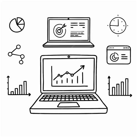 a black and white drawing of a laptop with a chart showing a graph and a diagram of graphs