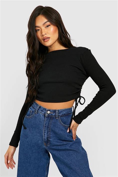 Black Ruched Side Crew Neck Rib Crop Boohoo Uk