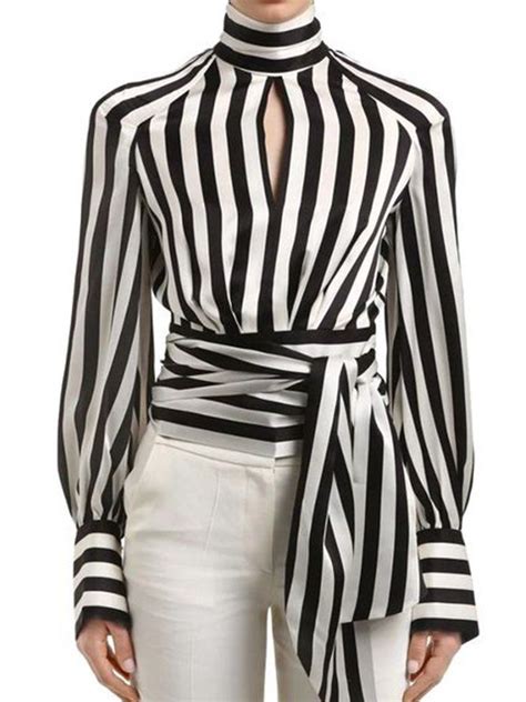Stylewe Striped Black Women Blouses And Shirts Polyester Stand Collar
