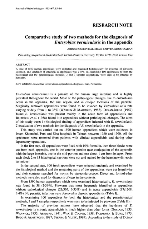 Pdf Comparative Study Of Two Methods For The Diagnosis Of Enterobius
