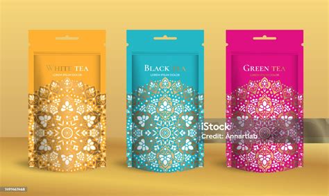 지퍼 파우치 백 모형을 사용한 차 포장 디자인 벡터 장식 템플릿입니다 우아하고 고전적인 요소 음식 음료 및 기타 패키지 유형에 적합합니다 배경 과 벽지에 사용할 수 있습니다