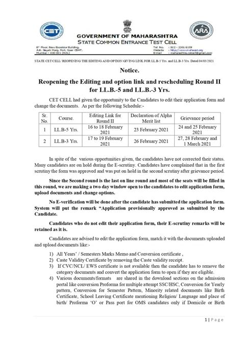 Cetcell Notice For Reopening The Editing And Option Link And Rescheduling Round Ii For Llb