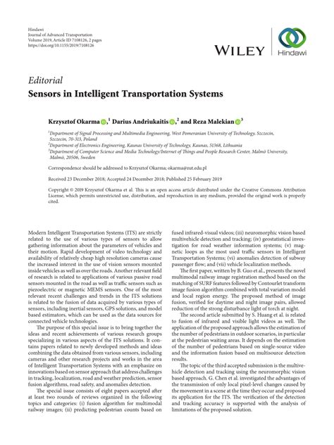 Pdf Sensors In Intelligent Transportation Systems