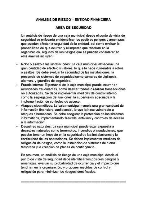 Analisis De Riesgo Analisis De Riesgo Entidad Financiera Area De