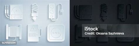 전기 패널 연장 코드 와이어 전기 케이블 릴 드럼 콘센트 Led 전구 및 암페어 미터 멀티 미터 전압계 아이콘을 설정합니다 벡터 전구에 대한 스톡 벡터 아트 및 기타 이미지