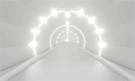 스튜디오 룸에서 추상백색광 터널 배경 기하학적 3d 렌더링 미래지향적인 인테리어 건축 현대 디자인 새로운 쇼룸 복도의 관점 기술 과학 개념 배경 주제에 대한 스톡 사진 및