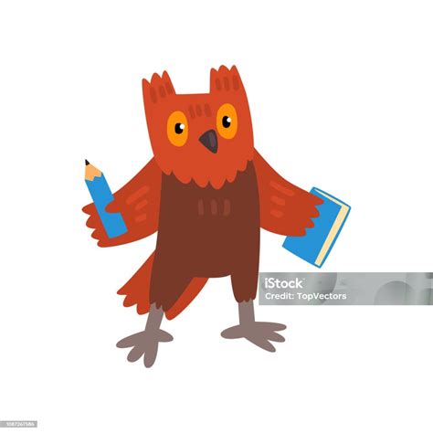 귀여운 올빼미 새 만화 캐릭터 연필 책 학교 교육 및 흰색 배경 지식 개념 벡터 일러스트 레이 션 개념에 대한 스톡 벡터 아트