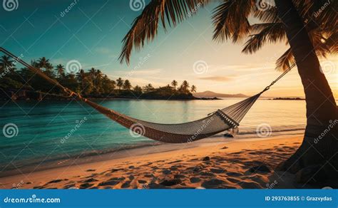 Hammock On A Palm Tree During Beautiful Sunset Stock Illustration
